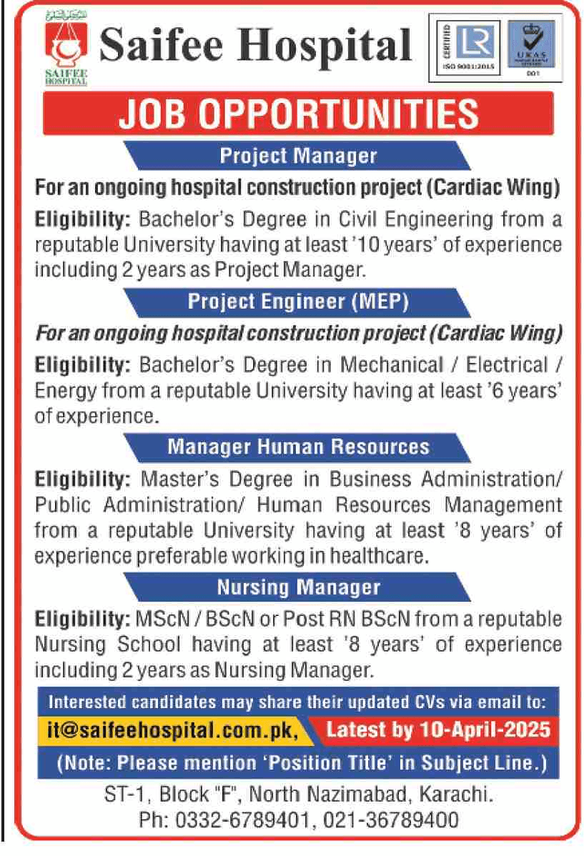 Recent Saifee Hospital Jobs in Pakistan | Paperpk